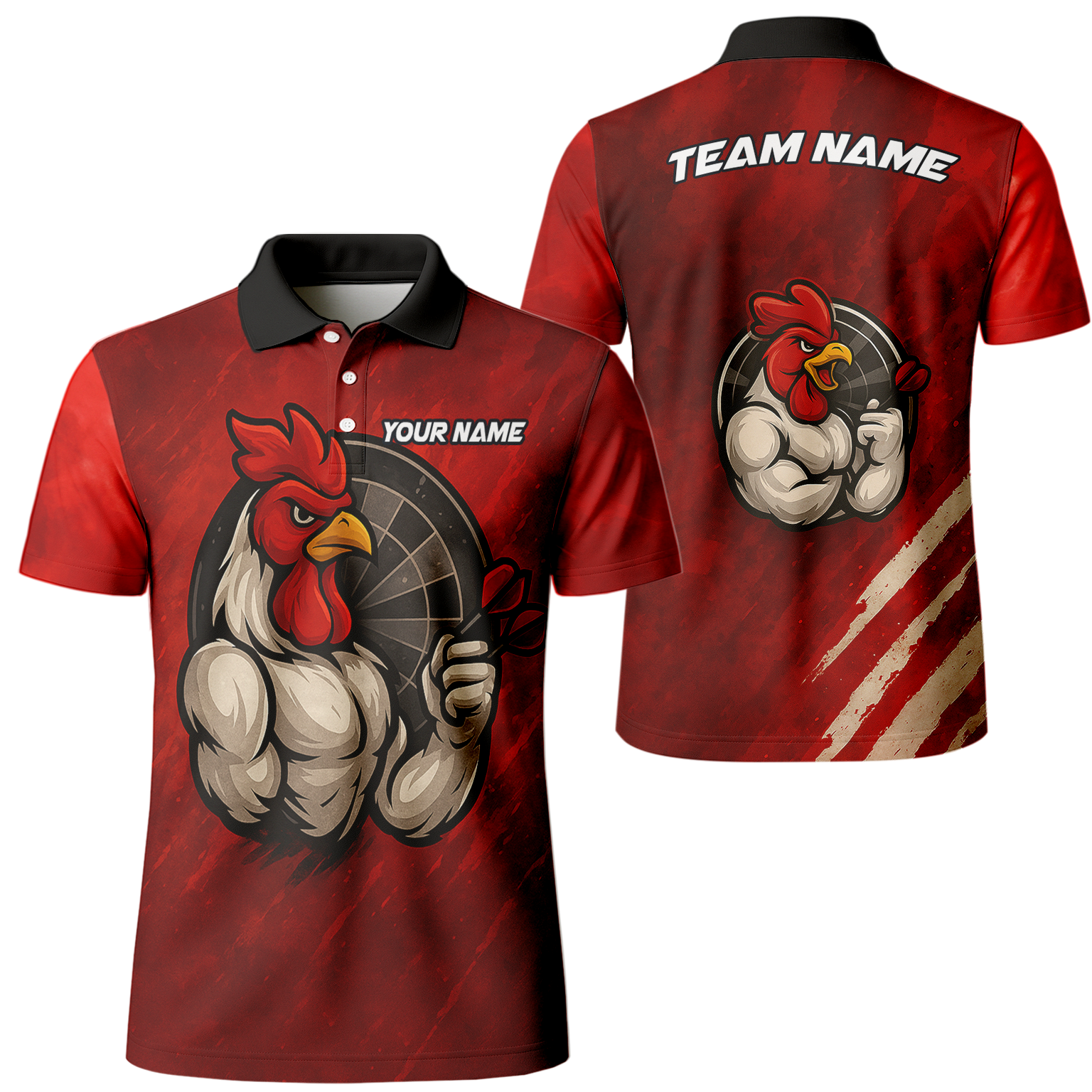 Personalized Funny Rooster Dart Polo Shirt Custom Team Name Red Black ...