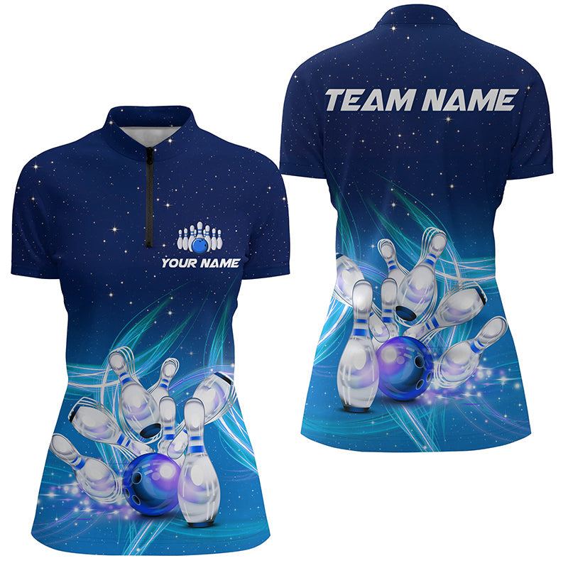 Women's Bowling Quarter Zip Shirt - Custom Blue Lightning Thunder Bowl