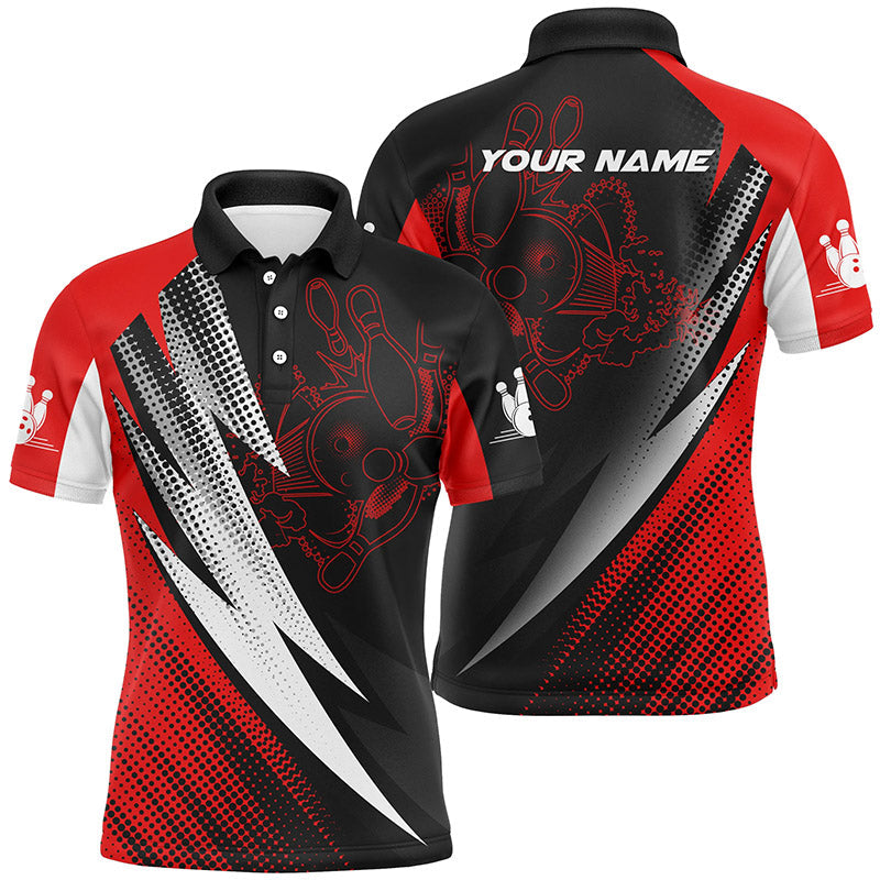 Customisable Red & Black Bowling Balls and Pins Bowling Polo Shirts fo