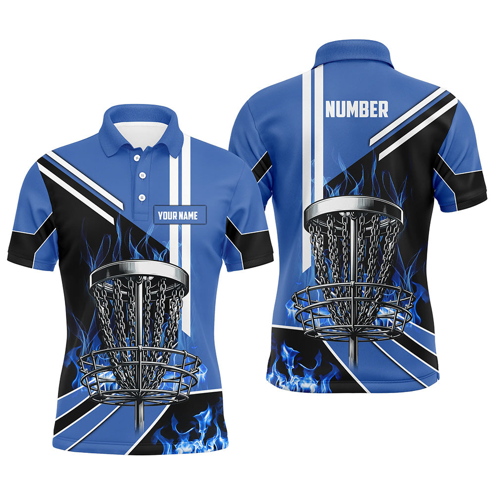 Men's Custom Blue Flame Disc Golf Polo Shirt - Stylish Frisbee Golf Ou