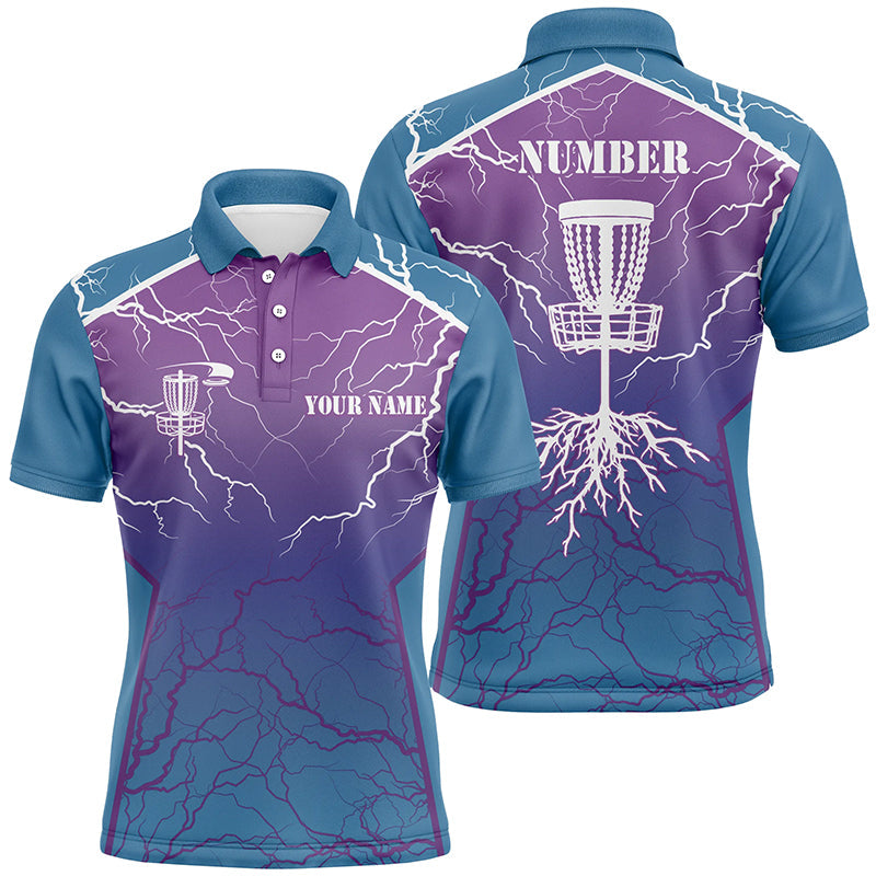 Blue and Purple Men's Disc Golf Polo Shirt with Lightning Thunder Desi