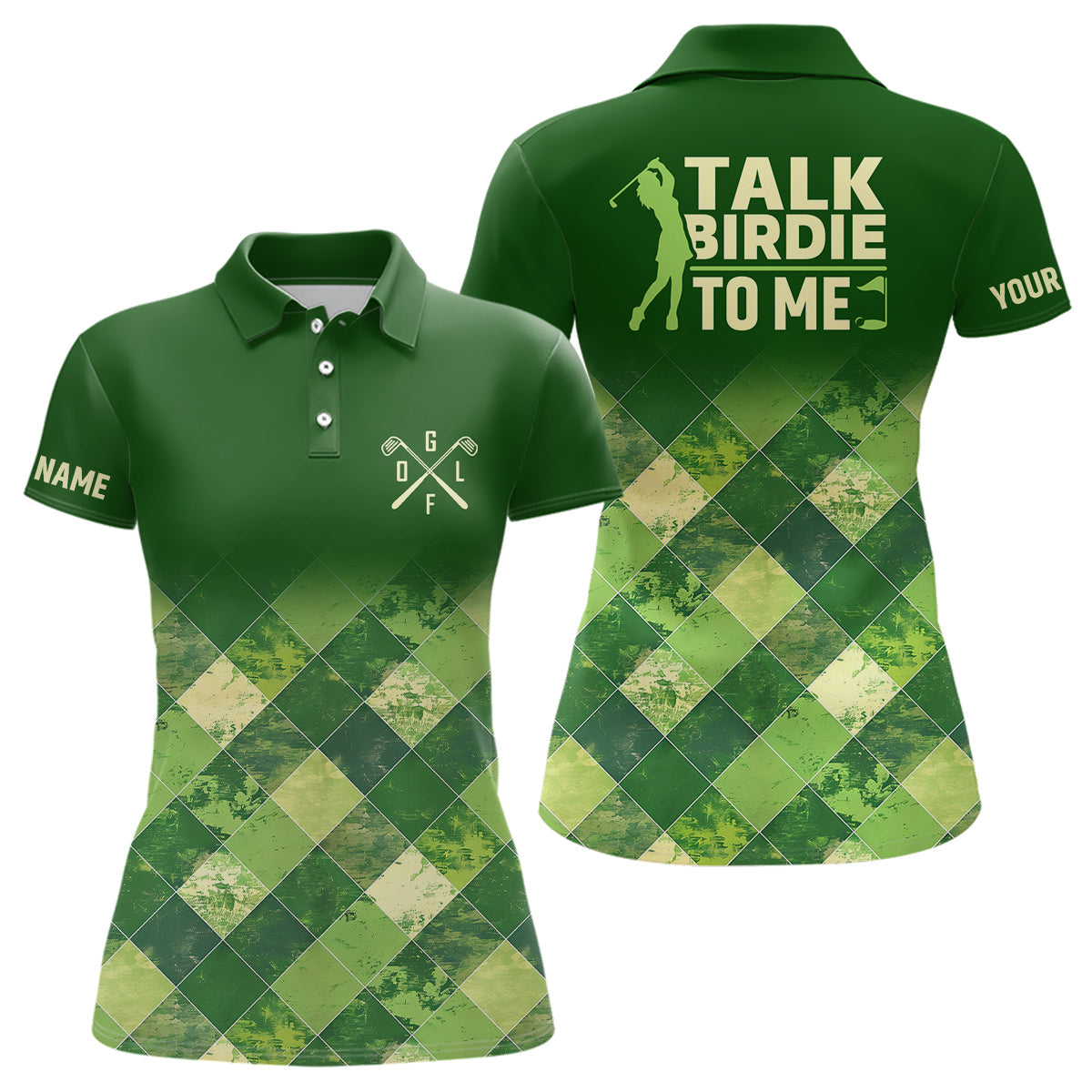 Women's Custom Green Argyle Pattern Golf Polo Shirt - Funny "Talk Bird