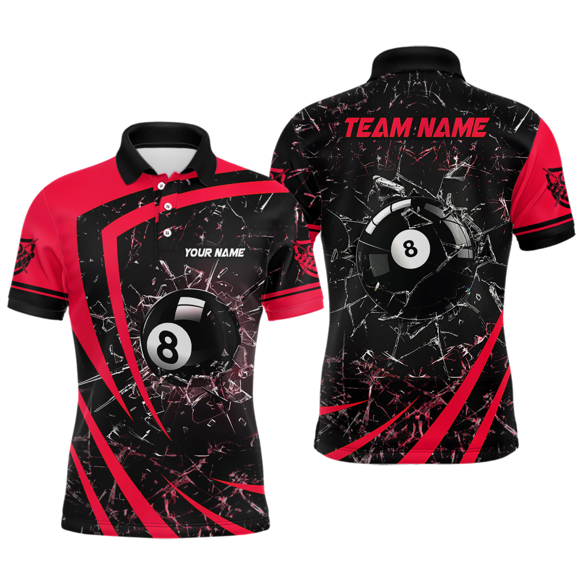 Custom 8 Ball Pool Jerseys - Personalized Red Glass Break 3D Polo ...