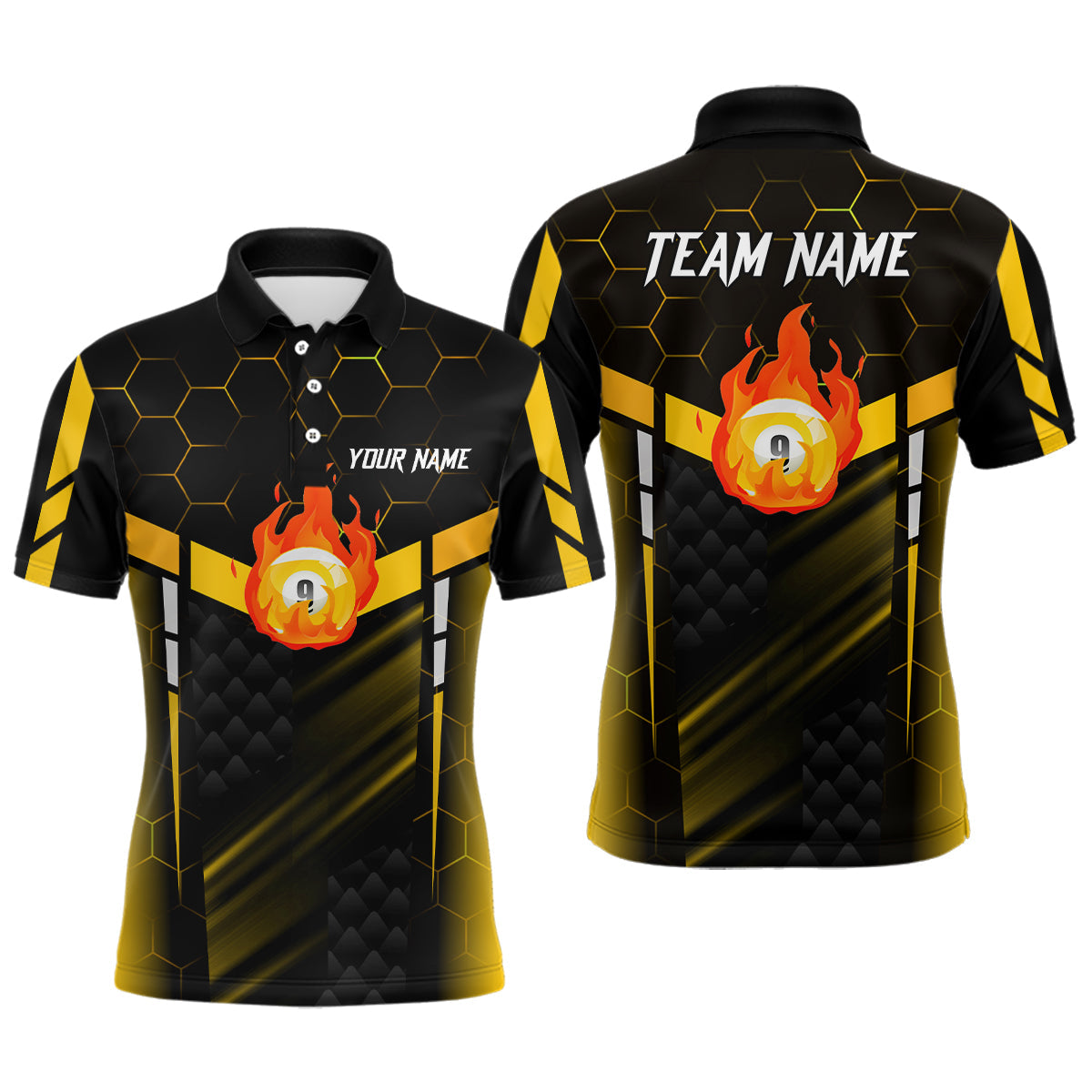 Personalised Yellow Fire 9 Ball Billiard Polo Shirts - Custom Pool Team ...
