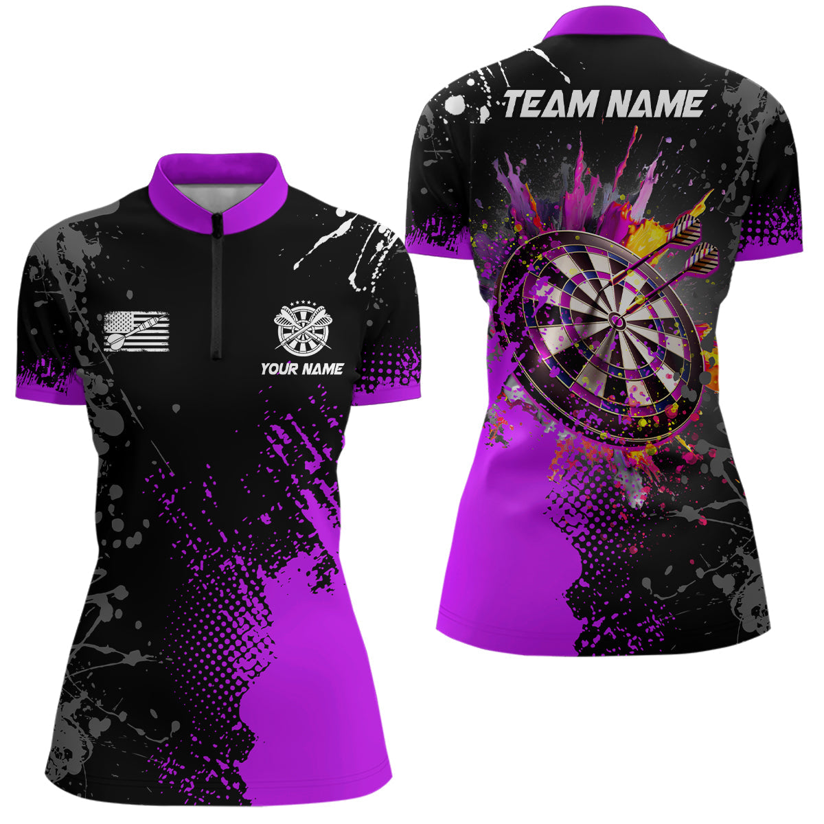 Purple 3D Dartboard Women Quarter-Zip Shirt - Custom Darts Jersey ...