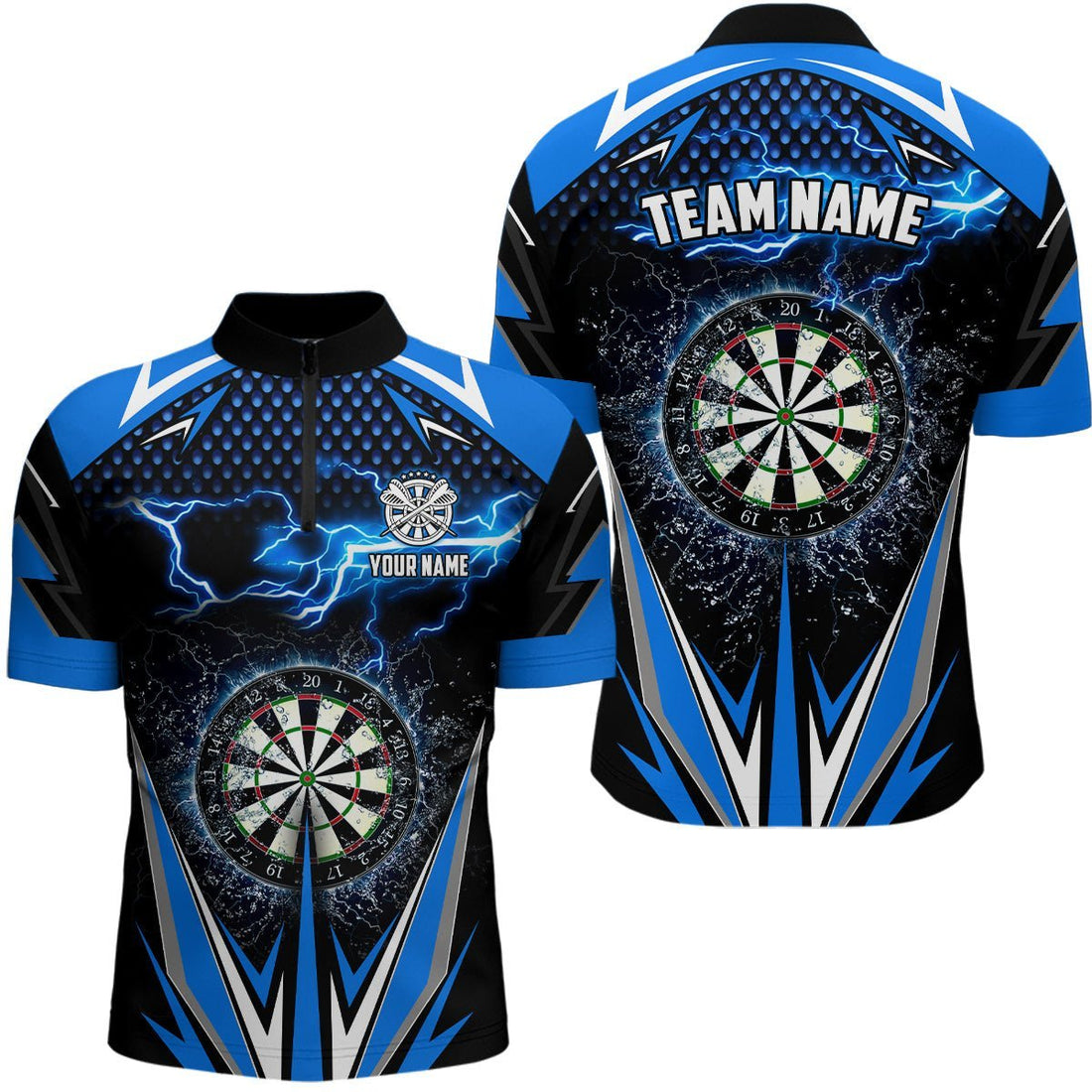 Personalised Blue Lightning Men's Darts Polo Shirt | Custom Darts Shir
