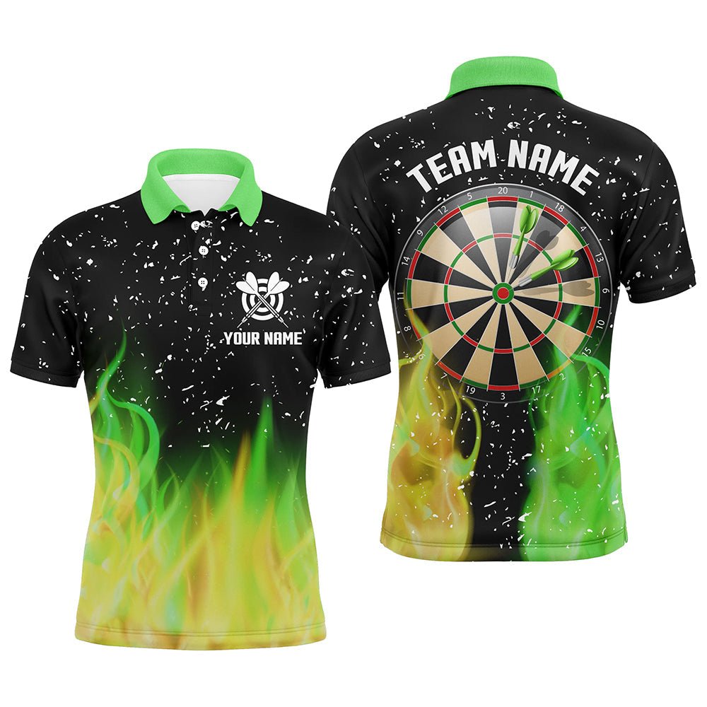 Green and Yellow Fire Dartboard Men's Darts Polo Shirts | Custom Dart