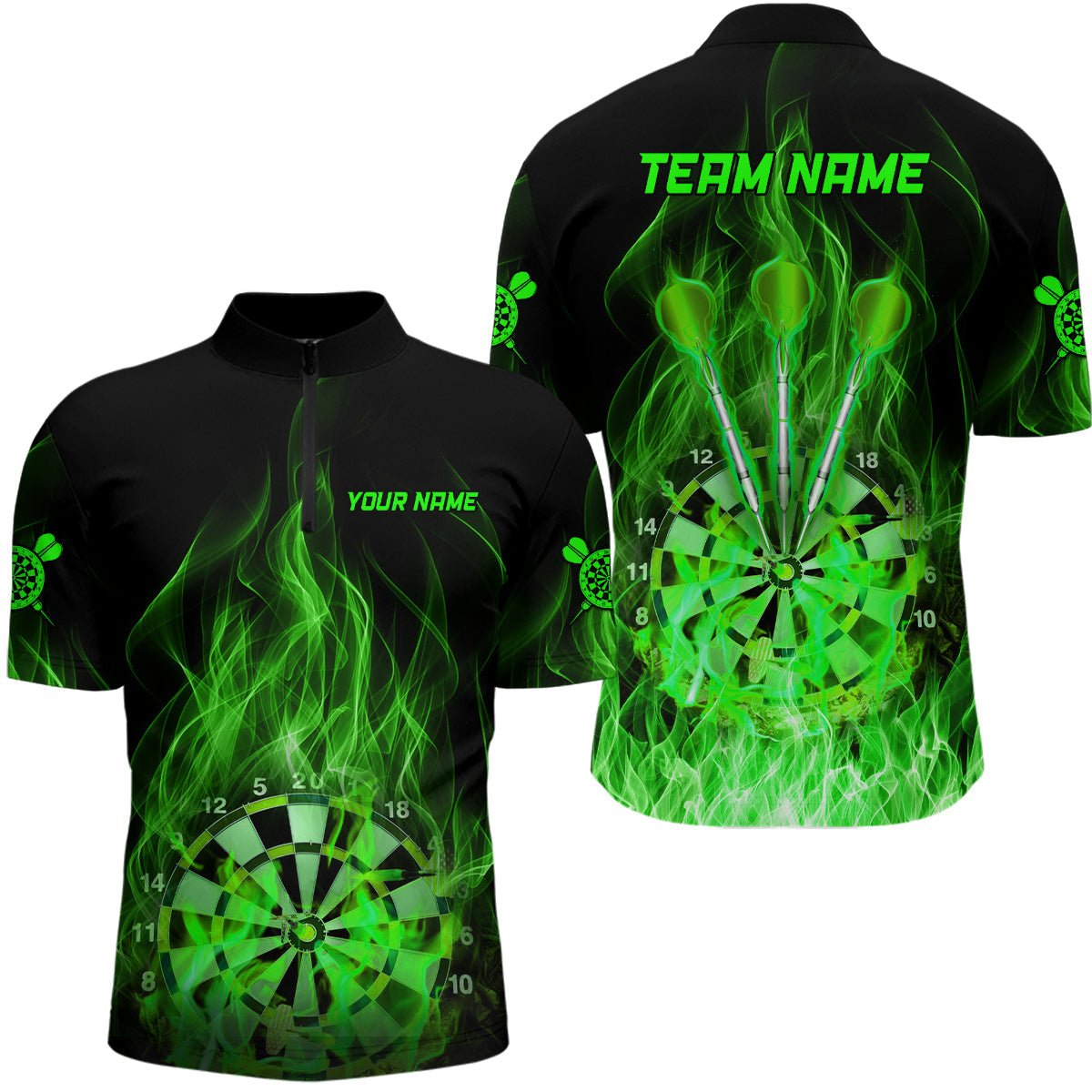 Personalised Green Flame Men's Darts Quarter-Zip Shirt - Custom Dart S