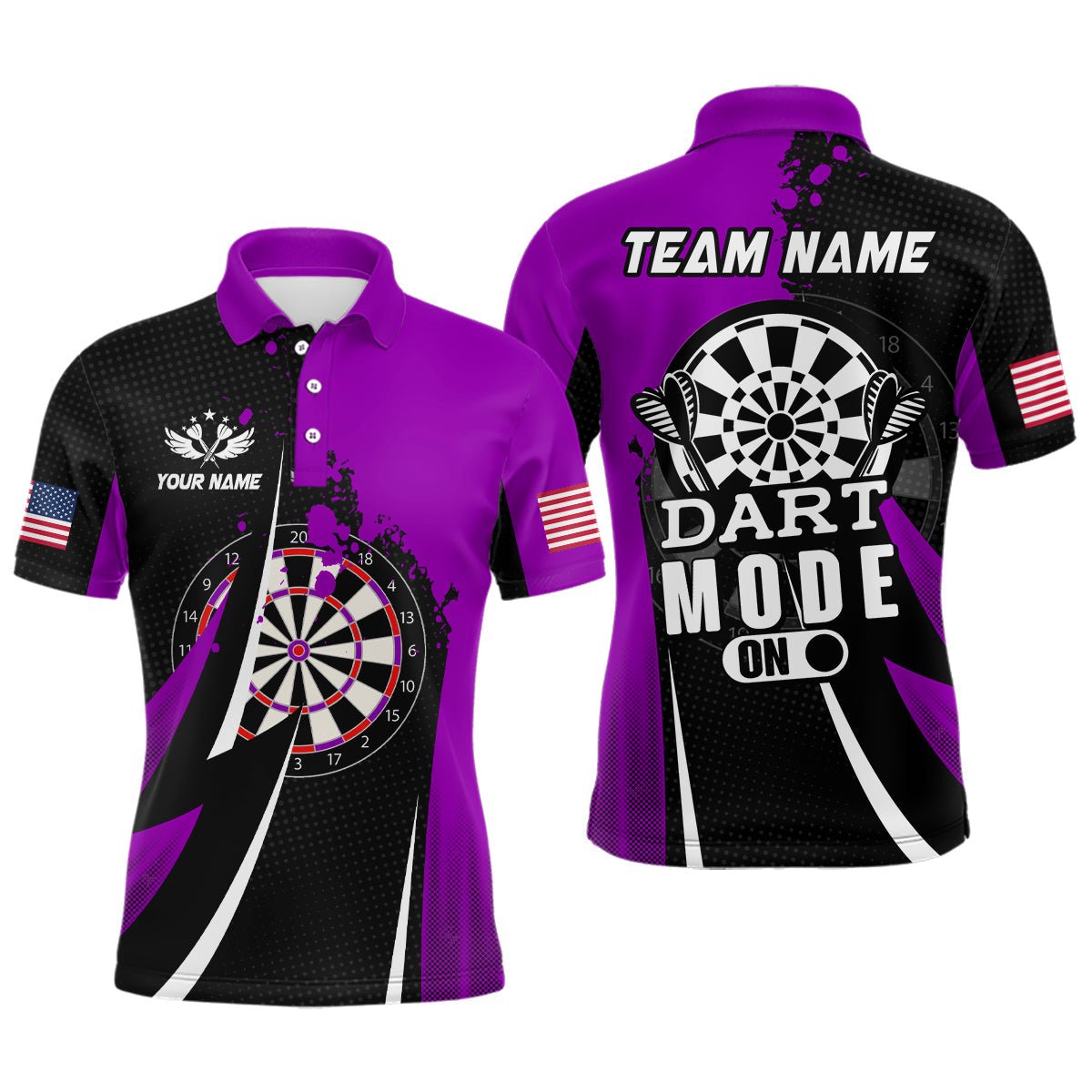 Purple Dart Modus Men's Darts Polo Shirt with Custom Name - Dart Jerse