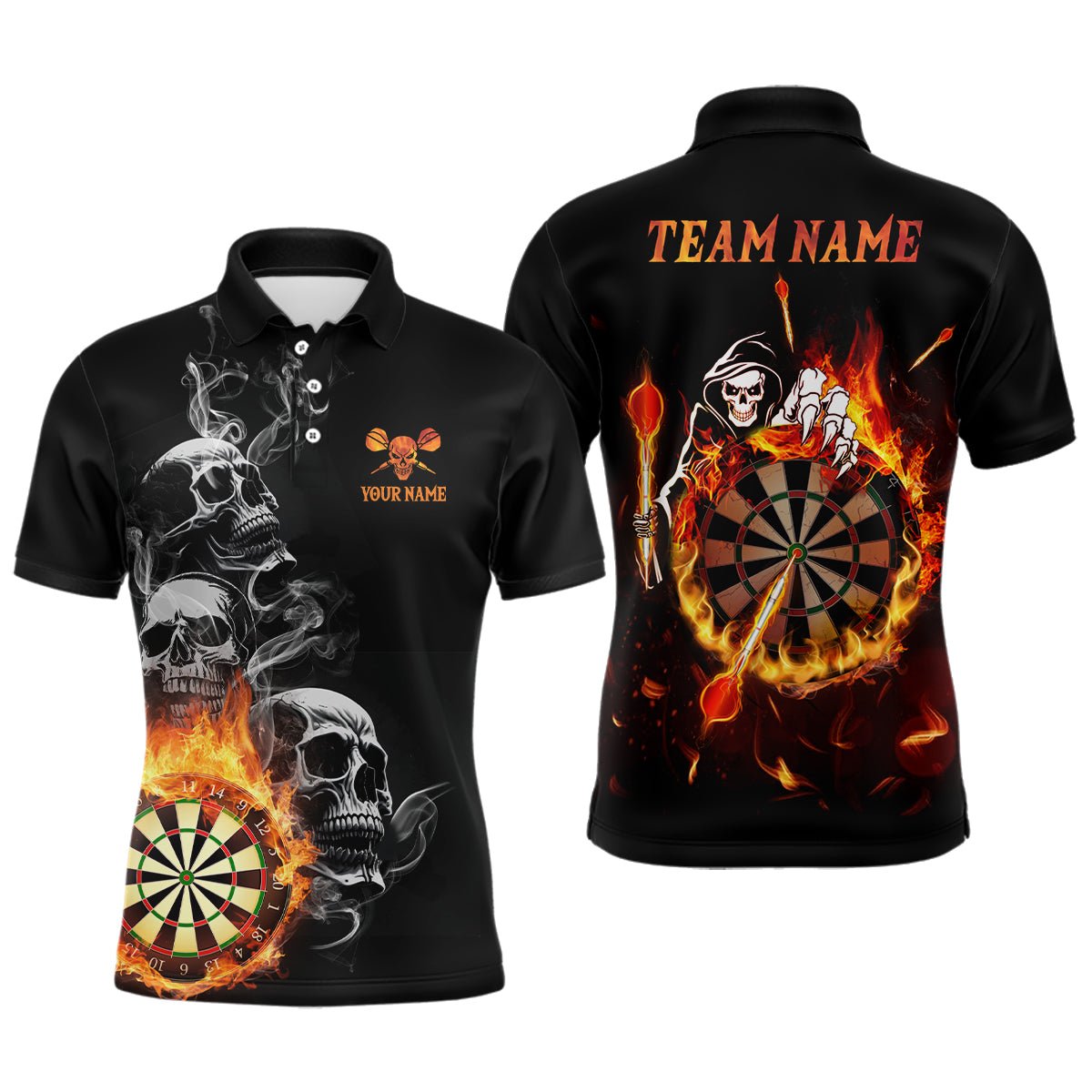 Men's Customizable Fire Darts Polo Shirt with Skull Flames Design - Pe