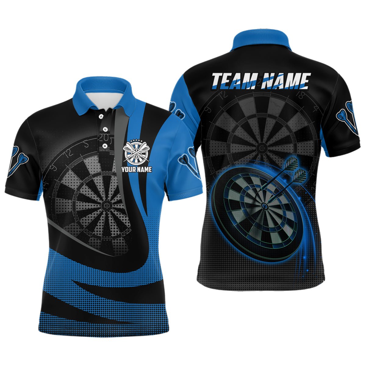 Personalised Black and Blue 3D Men's Darts Polo Shirt - Customisable C